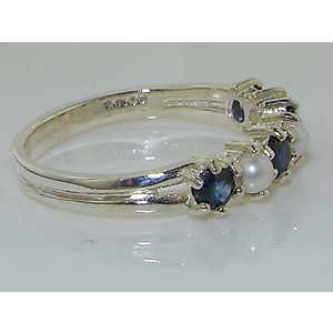 LetsBuyGold 925 Sterling Silver Cultured Pearl & Sapphire Womans Eternity Ring - Size 4