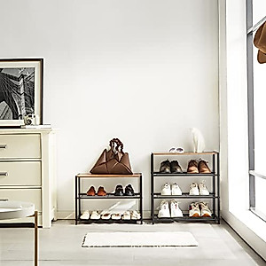 YOUDENOVA Metal Shoe Rack, 3-Tier Shoe Shelf with MDF Wood Top Board, Shoe Tower for Entryway, Shoe Storage Organizer for Hallway, Closet, Bedroom, Living Room - Rustic Brown