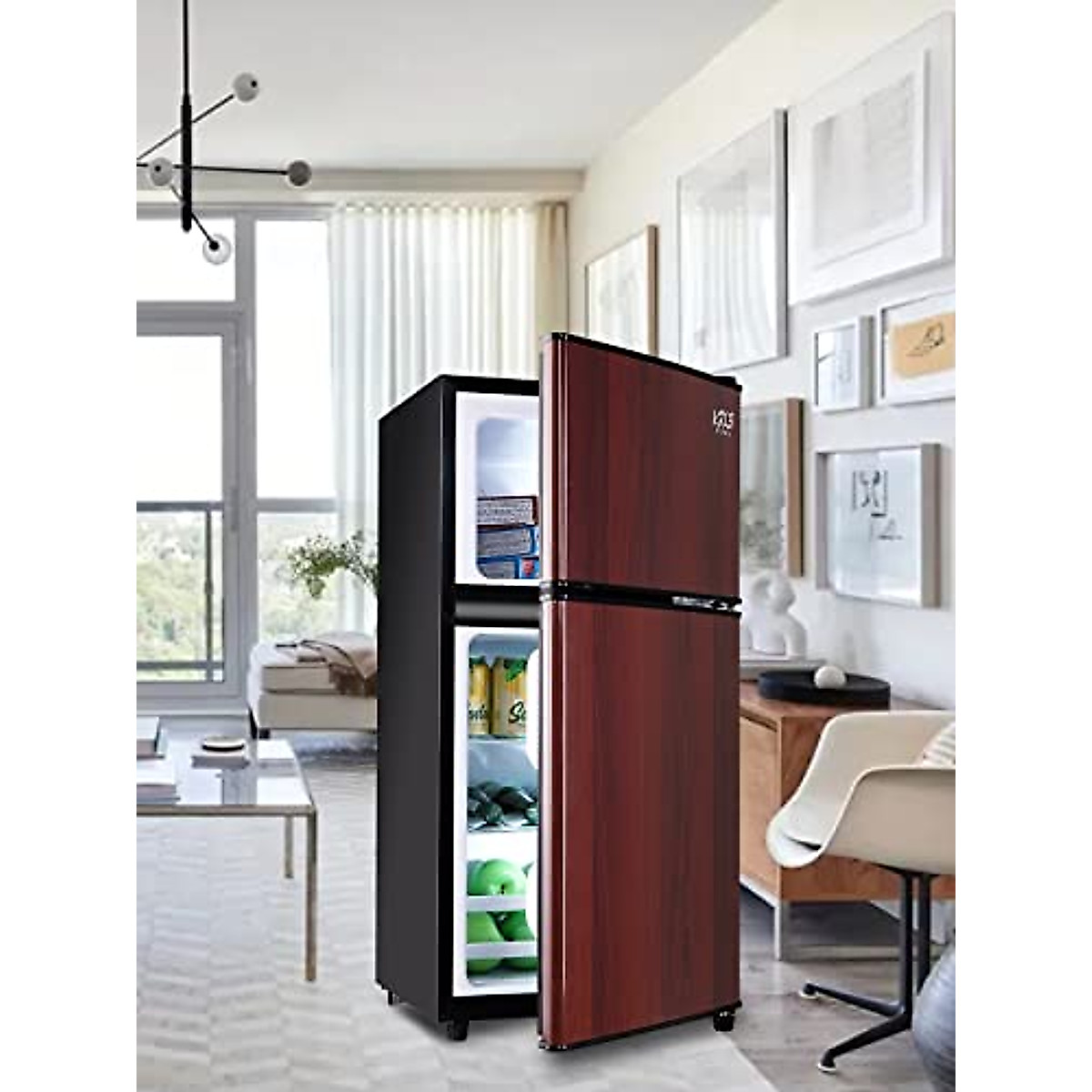 KRIB BLING Compact Refrigerators with Freezer on Top, Mini Fridge with 7- Level Adjustable Thermostat, Small Refrigerator for Apartment, Office, Camping, Wood