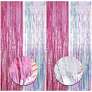 4 Pack 3.3×6.5 ft Metallic Tinsel Foil Fringe Curtains Decor Streamers Photo Booth Backdrop Fringe Backdrop for Birthday Wedding Engagement Baby Shower Holiday Party Decorations(Pink and Sliver)