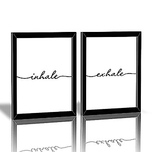 Framed Inhale Exhale Art Print Set of 2 (10”X8”)-Ready to Hang, Meditation Mental Health Wall Art, Black and White Yoga Painting,Modern Zen Print, Canvas Wall Art Poster for Bedroom