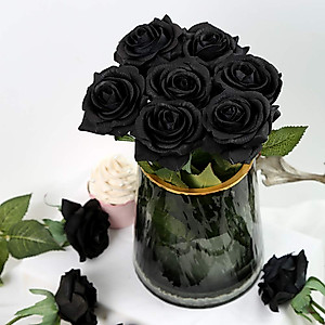 IPOPU Black Roses Artificial Flowers 12pcs Artificial Roses Real Touch Black Fake Silk Rose Flowers Floral Arrangement Faux Roses for Home Wedding Party Shop Garden Bridal Decorations DIY (Black)