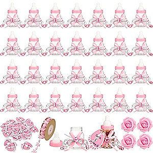 50 Pcs 3.5 x 1.6 Inch Baby Bottle for Baby Shower Mini Feeding Bottle Candy Box Plastic Milk Bottles with Ribbon for Baby Shower Favor Gift Decoration, Pink