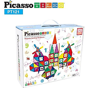 PicassoTiles 121 pc Master Builder Magnetic Building Block Construction Set Magnet Tiles Blocks with Car Truck, 2 Character Action Figures, 28 Educational Alphabet Animal and Number Graphics, Windmill