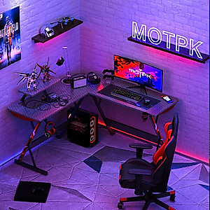 MOTPK L Shaped Gaming Desk with Carbon Fiber Surface, Corner Computer Desk L Shape with Monitor Shelf, Gamer Desk Gaming Table with Cup Holder & Headphone Hook, Black, 51 Inch