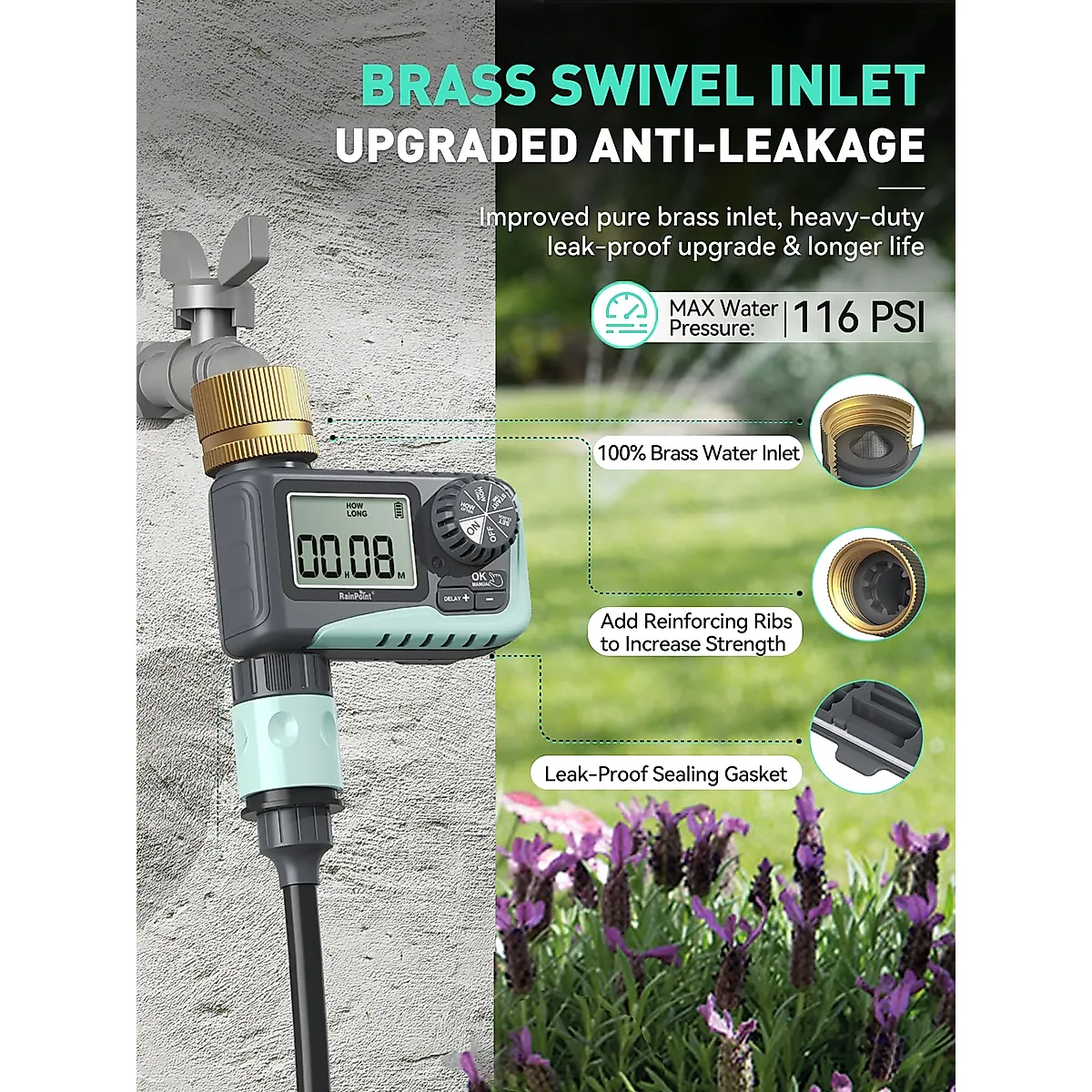 RAINPOINT Sprinkler Timer with Brass Swivel, Water Timer for Garden Hose, Programmable Hose Timer with Rain Delay/Manual Watering, Digital Irrigation Timer System for Lawns, 1 Outlet