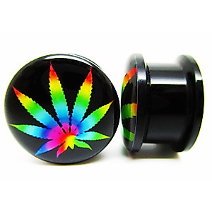Pierced Republic Tie-Dye Pot Leaf Marijuana Ear Plugs - Acrylic Screw-On - New - 8 Sizes - Pair (0 Gauge (8mm))