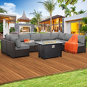 Valita 9-Piece Patio Rattan Furniture Set with Gas Fire Pit Table Outdoor Sectional Conversation Couch Brown PE Wicker Sofa with Washable Gray Cushions