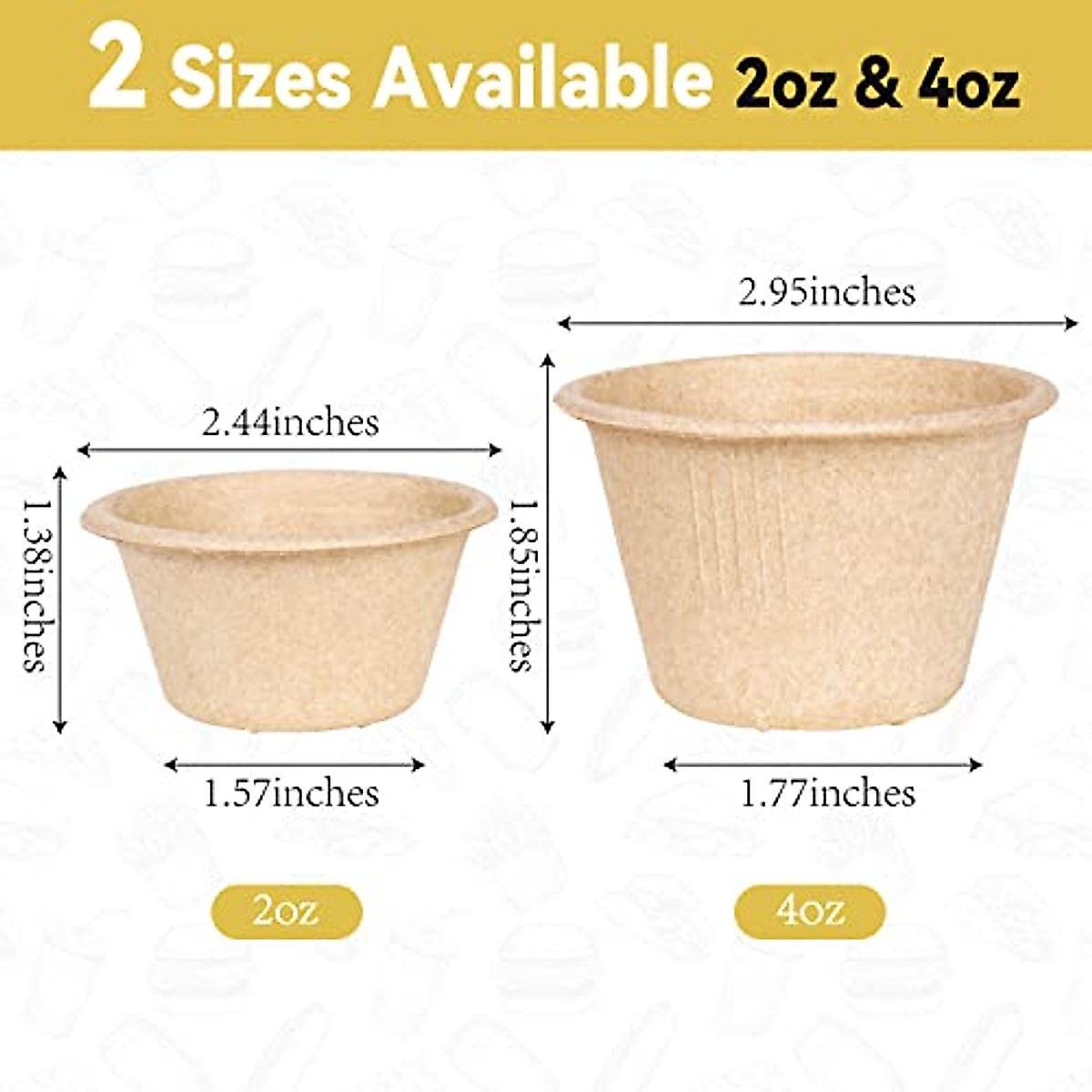 Gere Disposable Testing Cup Bowls,100 Pack, 2 oz, Natural Biodegradable Bagasse Fiber Souffle Cups, Condiment Cups, Sample Cups, Measuring Cups,