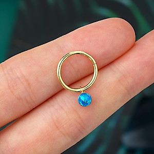 COCHARM 14k Solid Gold Hoop Belly Button Rings for Women 16g Tiny Blue Opal Dangling Belly Button Hoop 14K Real Gold Hoop Belly Piercing Hoop Navel Rings