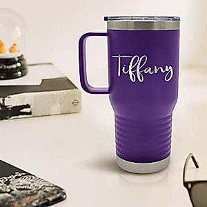 Personalized Travel Mug with Handle and Name Purple Matte Finish Custom Laser Engraved 20 oz Stainless Steel Vacuum Insulated Coffee Cup with Lid