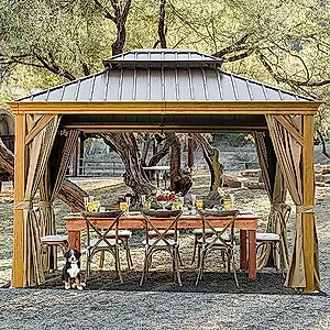 12' x 14' Hardtop Gazebo, Domi Wood Looking Aluminum Gazebo with Galvanized Steel Double Roof, Permanent Metal Gazebo with Curtains and Netting for Patio Lawn and Garden