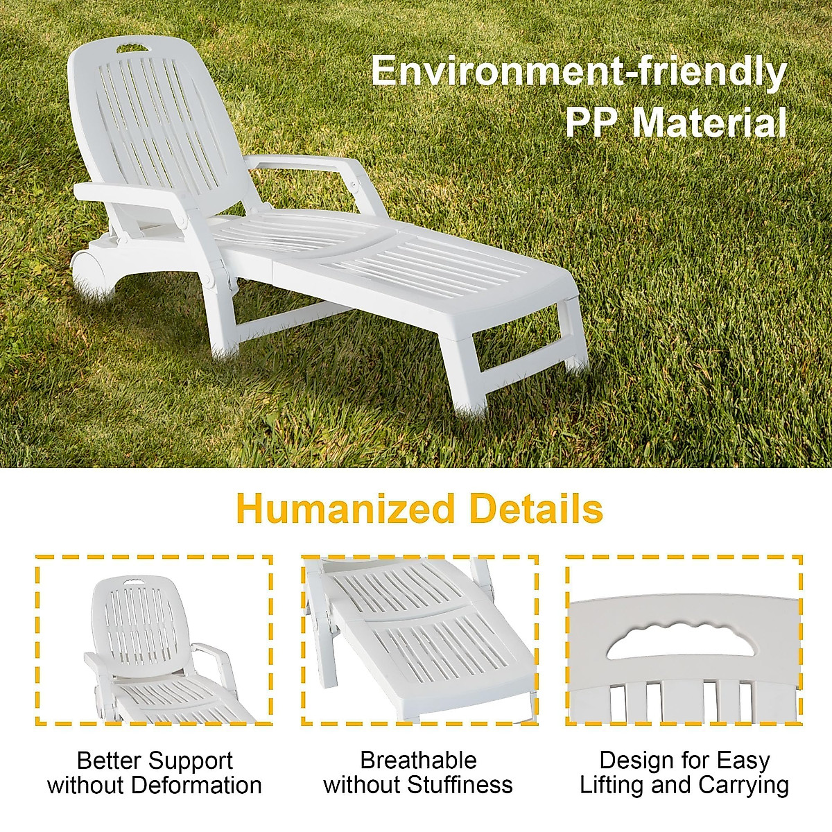 Vilobos 2 Pack Folding Lounge Chaise Chair on Wheels 4 Adjustable Backrest Positions Patio Lounge Chairs for Outside with Storage Basket, 440lbs Weight Capacity White Pool Furniture, Waterproof