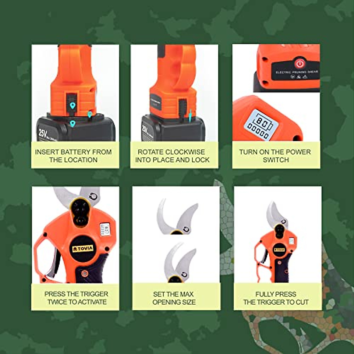 T TOVIA Professional Cordless Electric Pruning Shears Body without Battery, 25V Garden Tree Trimmer with Brushless Motor, 40mm Cutting Diameter, LCD Power Display