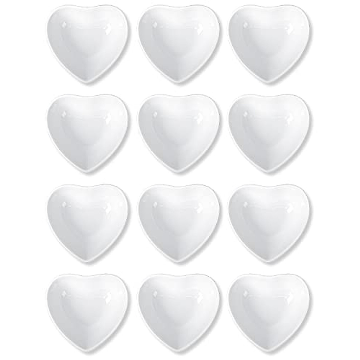 DELLING 12 Pack Soy Sauce Dishes/Bowls, Heart Shaped Dip Bowls Set, Sauce Cups/Ceramic Dipping Bowls, Mini Serving Bowls for Side Dishes, Soy Sauce, Ketchup, Sushi, BBQ and Party Dinner- White, 1Oz