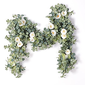 PARTY JOY 6.56ft Eucalyptus Garland with Flowers-8 White Roses, Artificial Fake Flowers Greenery Garland Floral Vines for Decoration Party Wedding Table Indoor Outdoor Backdrop Wall Decor(White)