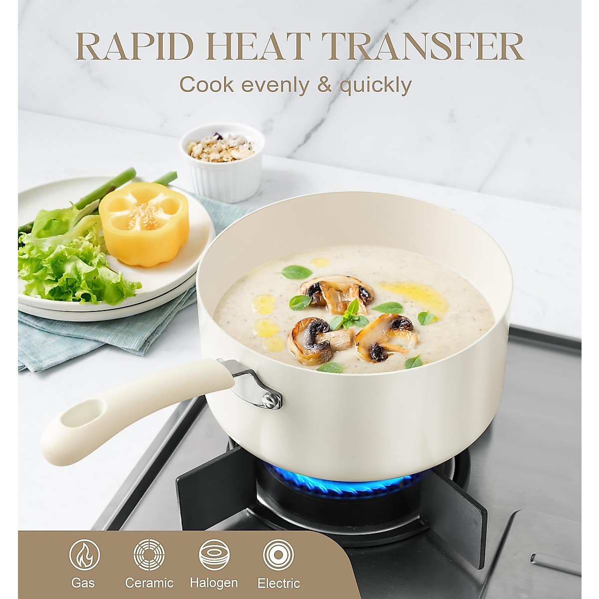 MICHELANGELO Sauce Pan With Lid, 3QT Ceramic Saucepans, Nonstick Saucepan, PFAS-FREE Pot, Small Pots For Cooking, Multipurpose Cooking Pots, White