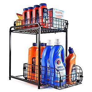 Under Sink Organizer, Sliding Cabinet Wire Basket Organizer, Higher 2 Tier Under Bathroom Storage Drawer, Multi-purpose Storage Shelf for Bathroom Kitchen Pantry