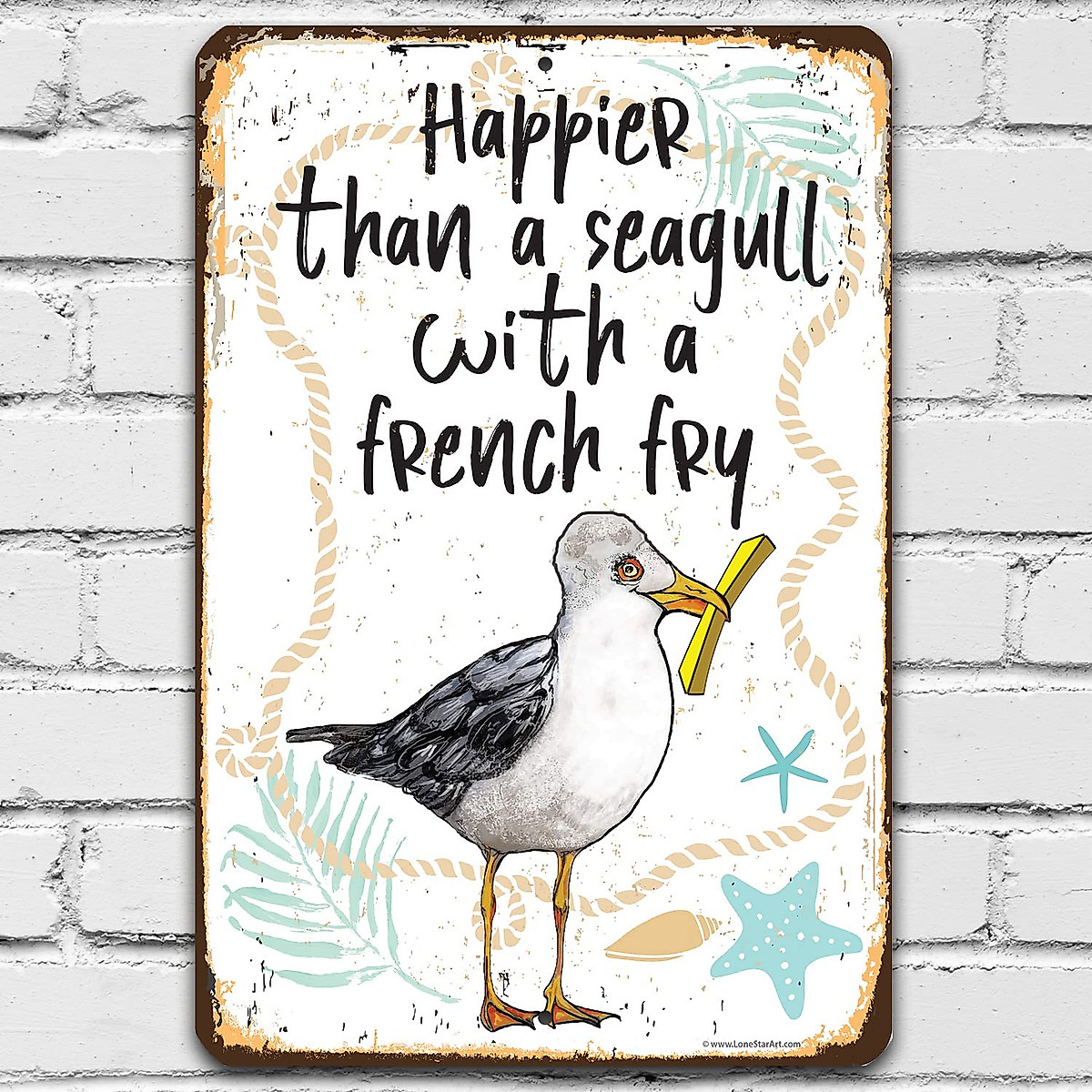 Seagull with French Fry - Great Lake House and Beach House Decor, Coastal Funny Wall Art, Bird Animal Nautical Prints and Gift Idea, 8x12 Indoor or Outdoor Durable Rustic Metal Sign