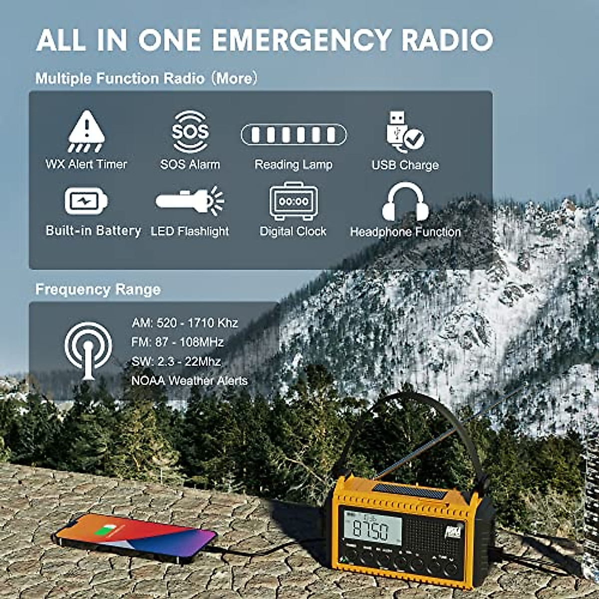 Hand Crank Radio Solar with LED Flashlight for Emergency, Portable NOAA Weather Radio with Rechargeable Battery for Outdoor Hurricanes, Battery Operated Radio with AM/FM/SW, SOS Alarm, Phone Charger
