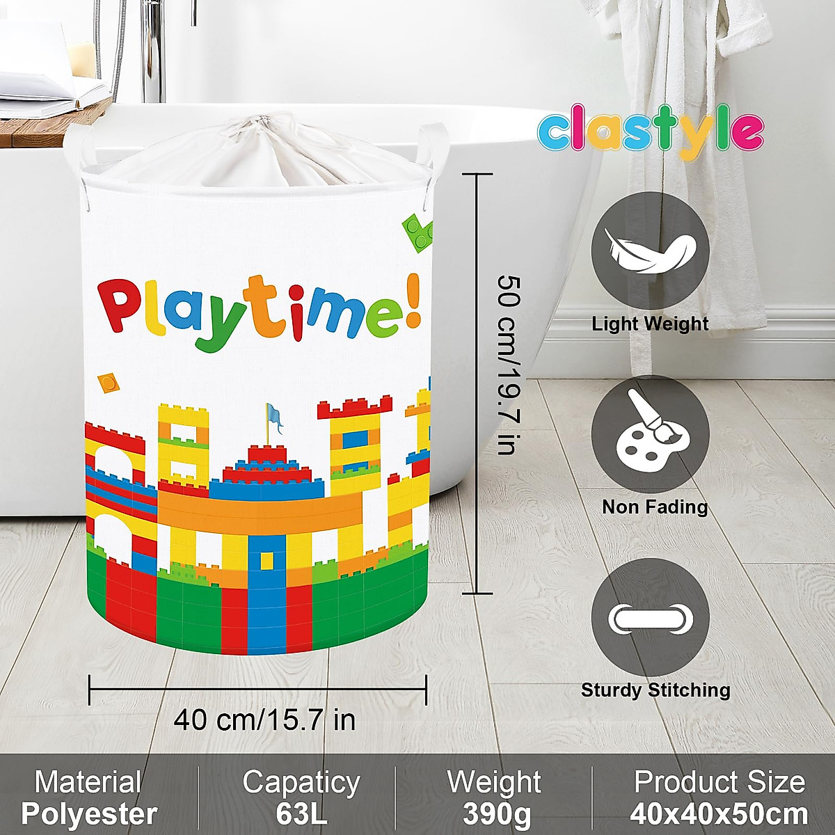 Clastyle 63L Large Building Blocks Kid Laundry Hamper with Handle Boy Girl Bedroom Bathroom Nursery Collapsible Clothes Toy Storage Basket with Lid
