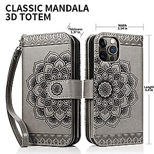 CASEOWL for iPhone 13 Pro Max Case Wallet for Women, Detachable Mandala Embossed Leather Wallet Phone Case with 9 Card Holder[RFID Blocking], Wristlet (Gray)