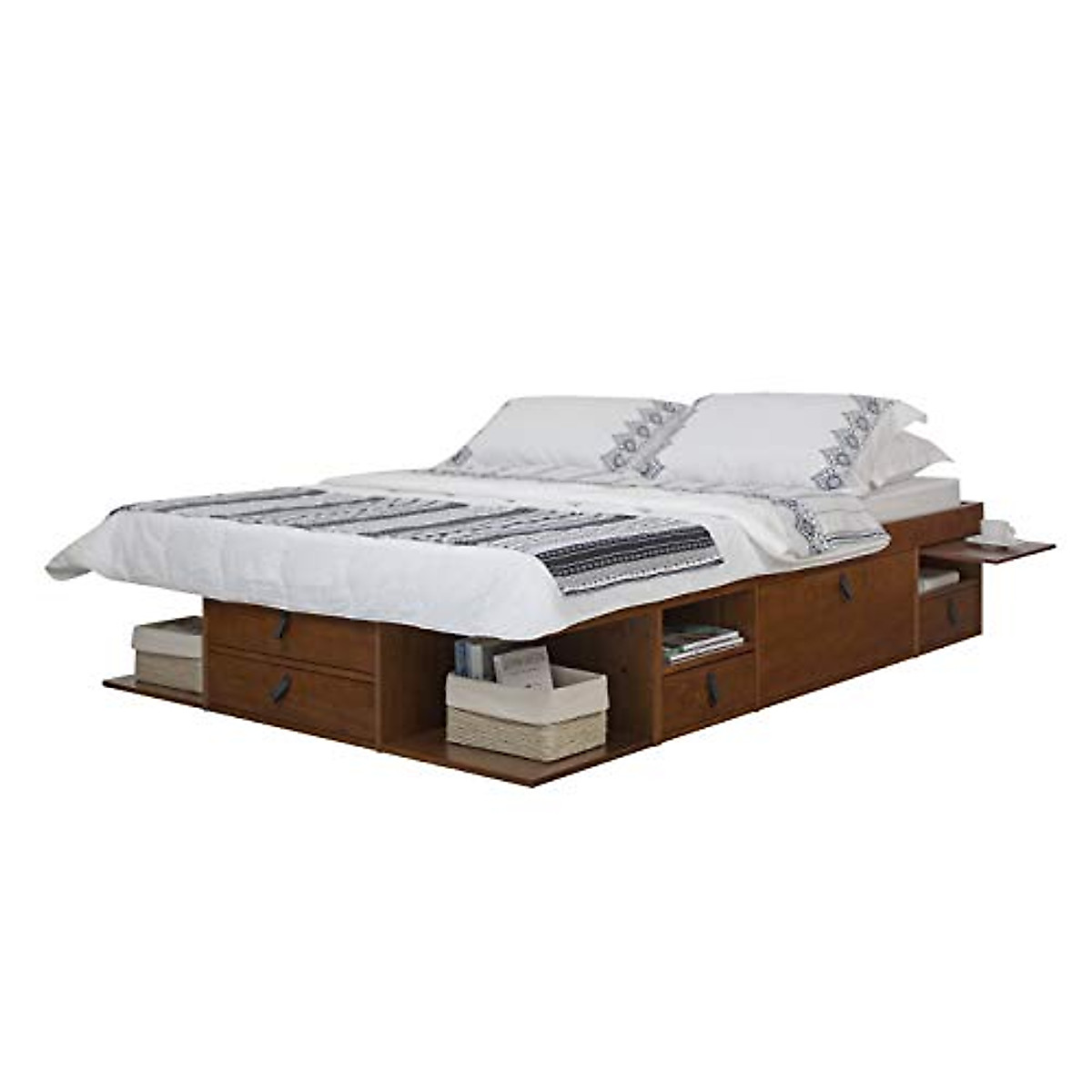 memomad Bali Slim Set: Storage Platform Bed with Drawers + Flat Panel Headboard (Queen Size, Caramel Brown Wood)