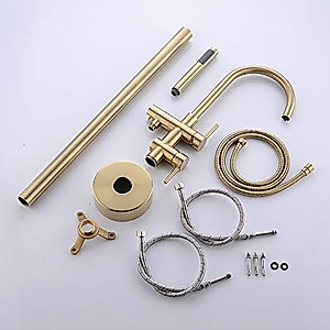 AYIVG Bathroom Brass Floor Mount Free Standing Bathtub Faucet Shower System Set (Brushed Gold)