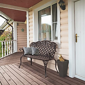 VINGLI 42.5" Patio Garden Bench Outdoor Metal Rose Loveseat,Cast Iron Cast Aluminium Frame Antique Finish Park Chair,Accented Lawn Front Porch Path Yard Bronze Decor Deck Furniture for 2 Person Seat
