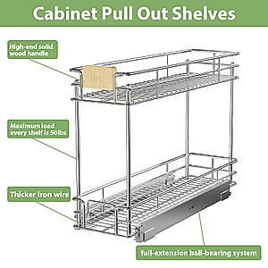ROOMTEC Pull Out Cabinet Organizer With Wooden Handle 7½" W x 21½" D 2-Tier Cabinet Drawer Pull Out Shelves Under Cabinet Storage for Kitchen