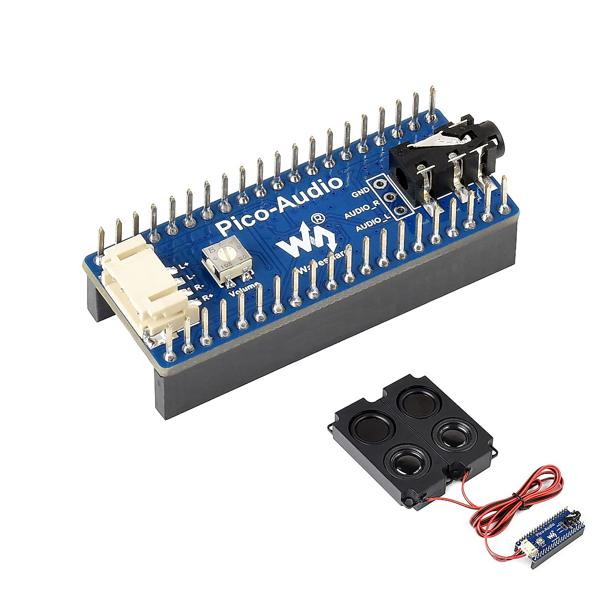 Audio Expansion Module for Raspberry Pi Pico, Incorporates PCM5101A Low Power Stereo Decoder, 3.5mm Audio Jack, Dual Channels Speaker Headers, Use I2S Bus, Headphone / Speaker Output Concurrently