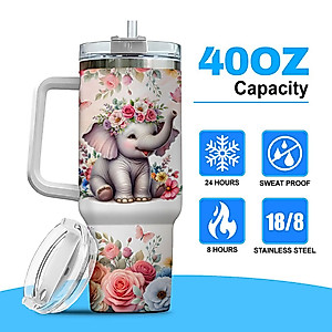 99OWL Elephant Gifts, Women Tumblers Yellow For Cute Flower Butterfly Coffee Handle Cups, Elephant Floral Just A Girl, Tumbler 40 Oz With Handle Lid And Straw