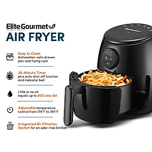 Elite Gourmet EAF2612D Personal 2.1Qt Compact Space Saving Programmable Hot Air Fryer, Oil-Less Healthy Cooker, Timer & Temperature Controls, 1000W, Black