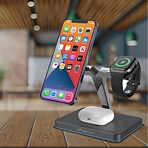 Digipower Wireless Charger - 3 in 1 Magnetic Charging Station - Fast Wireless Charger Stand for iPhone 14/13/12/Pro/Max, for Apple Watch 7/6/5/4/3/2/SE, AirPods 3/2/Pro