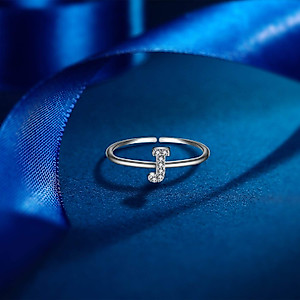 EleQueen 925 Sterling Silver CZ Initial Letter J Ring for Women Girls, Adjustable Stackable Ring for Engagement Wedding