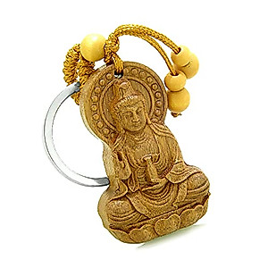 Magic Human Car Keys Keychain - Kwan Yin Quan Blessing - Goddess Holding Spiritual Jar with Eternal Life Elixir - The Divine Buddha and Light Amulet - Cool Feng Shui Sandalwood Key Ring