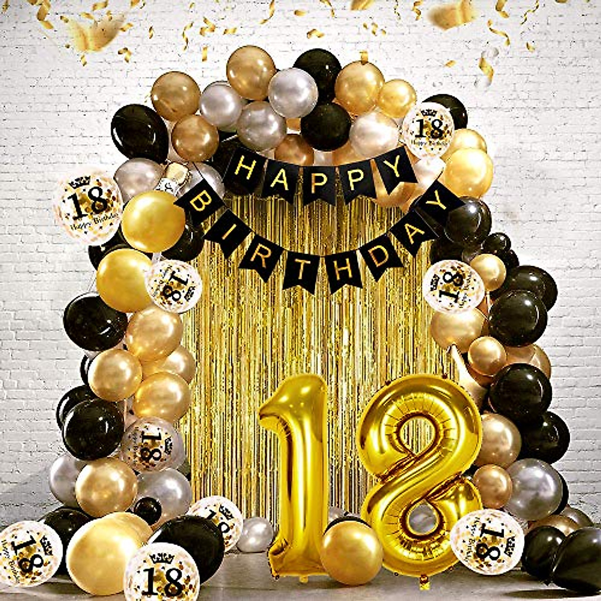 MOVINPE 18th Black Gold Birthday Party Decoration, Happy Birthday Banner, Jumbo Number 18 Foil Balloon, 2 Fringe Curtain, Latex Confetti Balloon, Table Confetti for Boy Girl Men Women Anniversary