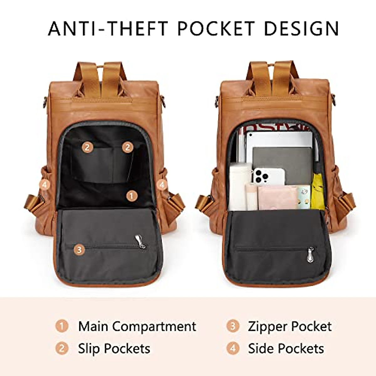 PINCNEL Backpack Purse for Women – Fashion Womens PU Leather Backpack – Anti-Theft Backpack Shoulder Bag with Multifunctional Pockets (Black)