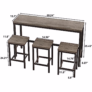 INCLAKE Long Dining Table Set for 3 People, 4 Piece Dining Table Set with 3 Bar Stools, Modern Kitchen Table and Chairs Set with Footrest for Living Room Restaurant Pub, Brown Gray