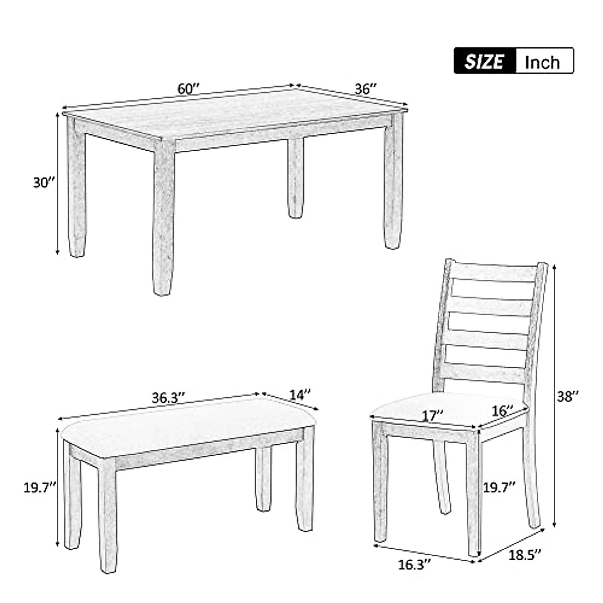 VilroCaz Rustic 6-Piece Dining Room Table Set, Counter Height Solid Wood Kitchen Dining Set with 4 Upholstered Chairs and Padded Bench, Kitchen Set for 6 (Brown-Whitewash)