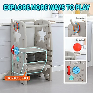 UNICOO Multifunctional Kids Step Stool with Double Safety Rails, Height Adjustable, Toddler Tower for Kitchen Countertop and Bathroom with Big Drawing Board & Games (OMLT-Grey)