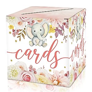 HEZNZXQ Pink Elephant Card Box - Watercolor Floral Collapsible Money Box or Gift Box for Baby Shower, Bridal Shower, Birthday Party, Graduation - 8"x8"x8" Party Favors Decorations Boxes(14)