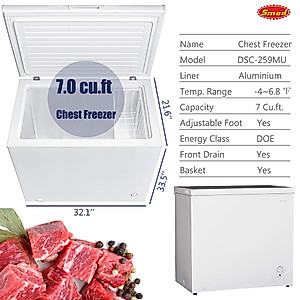 Smad Chest Freezer 7.0 Cubic Feet with Removable Basket Flip-up Lid Deep Freezer Adjustable Temperature, for Apartment Home Kitchen Grocery, White