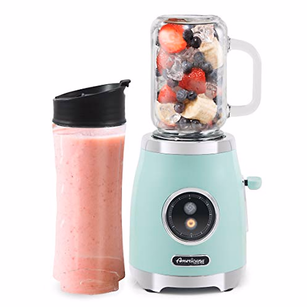 Americana EPB399M by Elite Glass Mason Jar Blender with 17oz Jar + 20oz. Sports Bottle, Blend Personal Smoothie, Crush Ice, Shakes, Keto Protein, 300 Watts