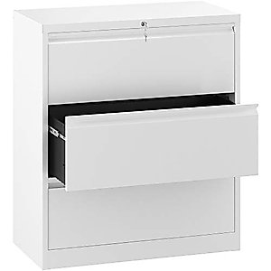 YITAHOME 3 Drawer Lateral File Cabinet with Lock, Metal Stainless Steel Wide Lateral Filing Cabinet for Legal/Letter A4 Size, Office Organizer Storage Cabinet,White