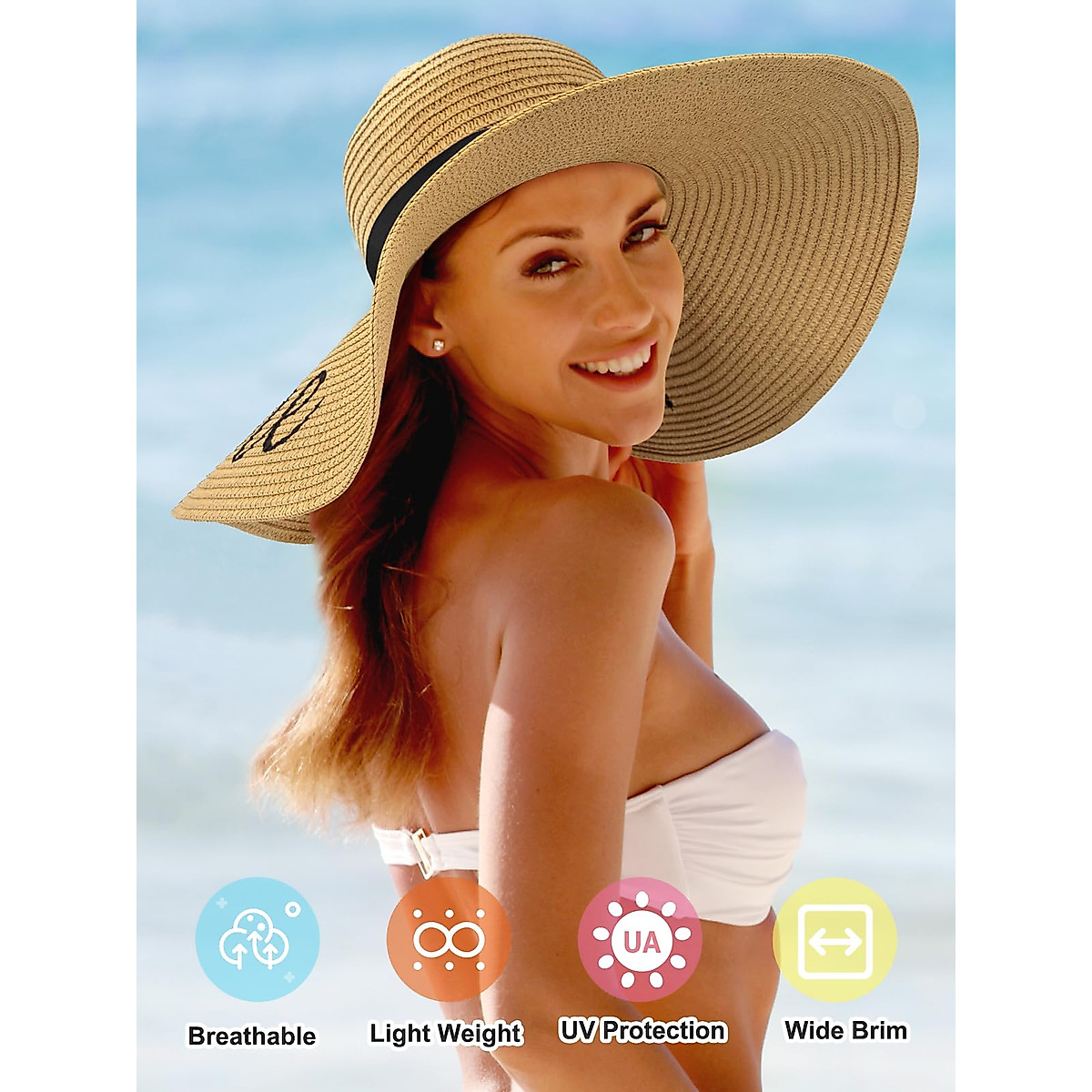 Floppy Beach Hats for Women, Foldable Wide Brim Sun Hat Embroidered Roll up Straw Hat - Vocation, Honeymoon, Travel Khaki