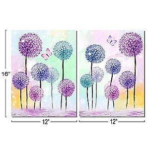Purple Verbena Art Colorful Flowers Wall Art Butterfly Picture Purple Blue Pink Dandelion Abstract Painting Canvas Print Modern Artwork for Home Living Room Bathroom Bedroom Framed 12"x16"