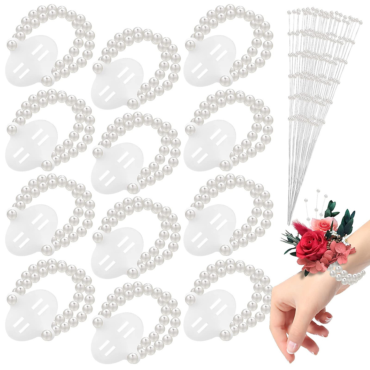 SNAIL GARDEN 12Pcs Elastic Pearl Wrist Corsage Bands, Wrist Corsage Bracelets with 12Pcs Pearl String, Faux Pearl Bead Corsage Accessories Bracelets for Wedding Prom Bride Bridesmaid Handmade Corsage