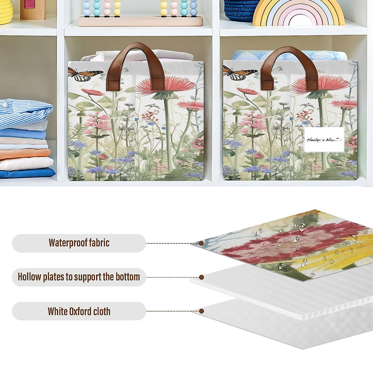 ATTX Wildflowers Butterfly Storage Baskets,Large Decorative Collapsible Rectangular Waterproof Fabric Storage Bin for Home Office(16.9x11.4x10inch,1 Pack) #677