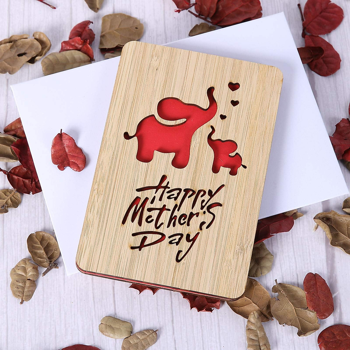 Della Stella Mothers Day Cards,Handmade Bamboo Greeting Cards,Wooden Thankyou Card,Wooden Birthday Card for Mom,Mum Birthday Gift,Elephant pattern